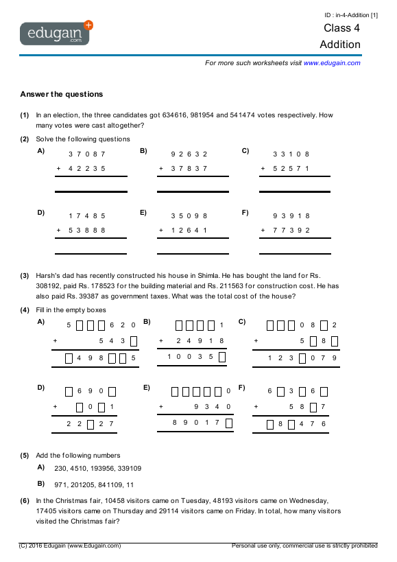 Grade 4 Addition Math Practice Questions Tests Worksheets Grade 4 Addition Math Practice Questions Tests Worksheets
